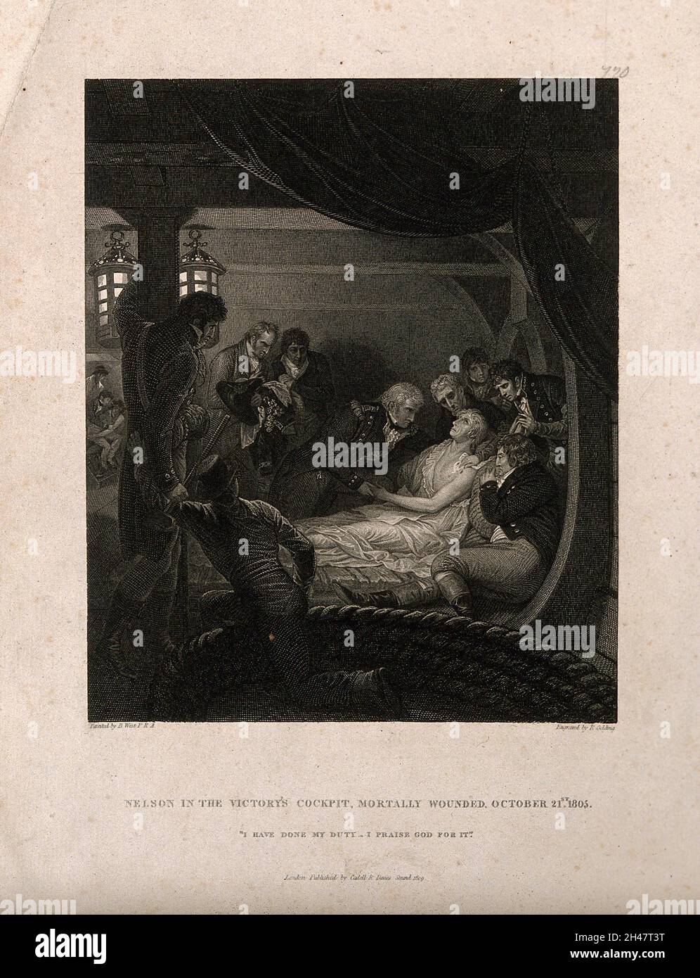 The wounding of Lord Nelson on the deck of HMS Victory at the battle of ...