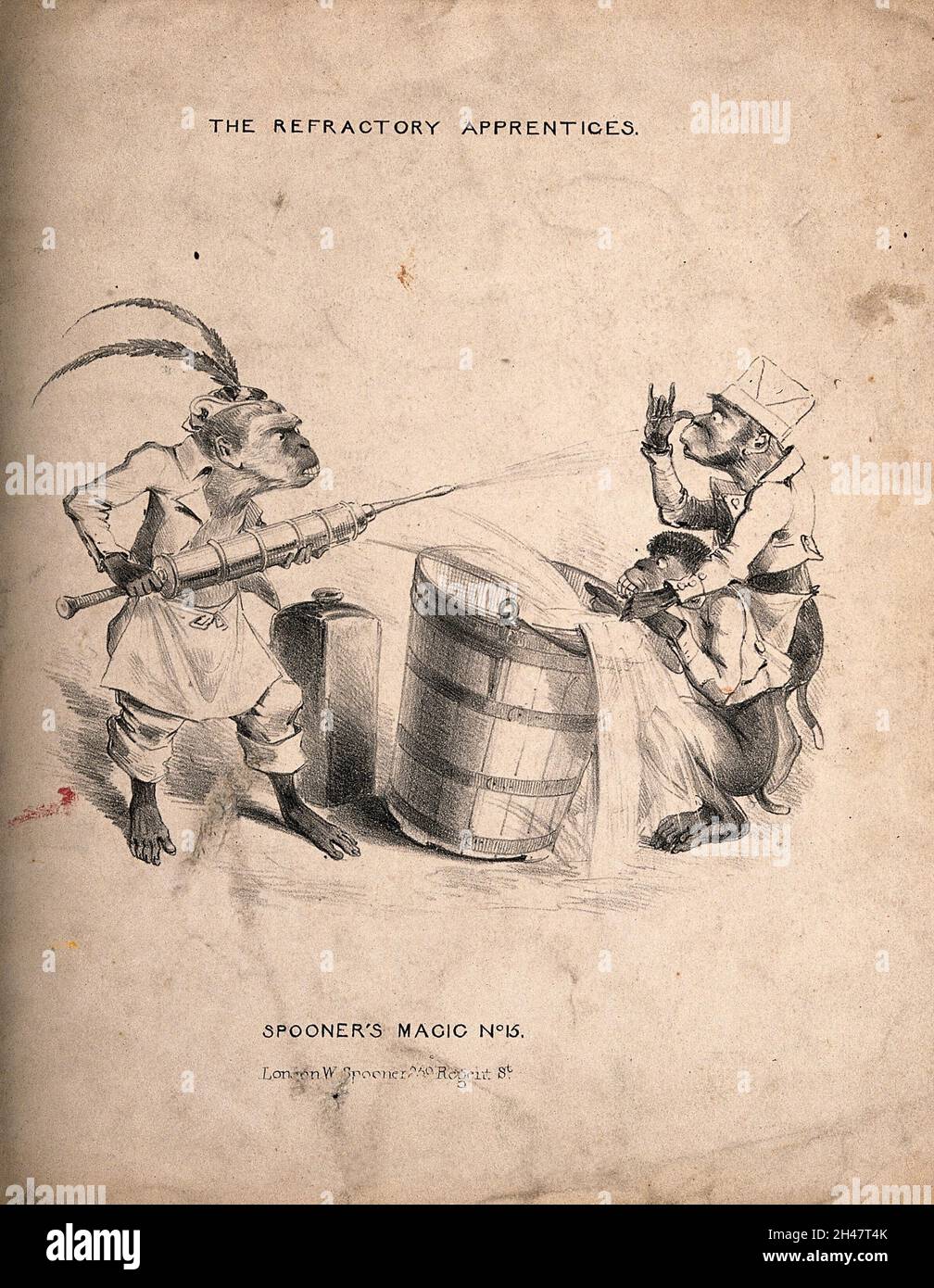 A monkey squirting water through a large syringe at two other monkeys ...