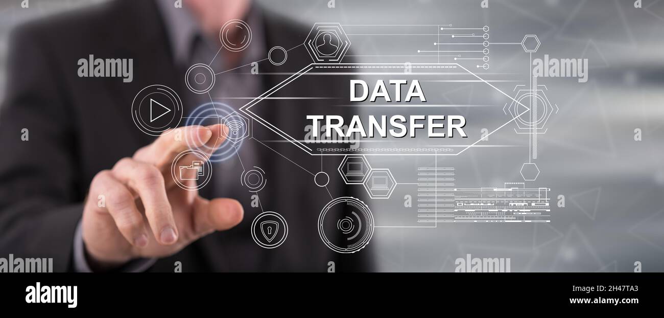 Man touching a data transfer concept on a touch screen with his finger ...