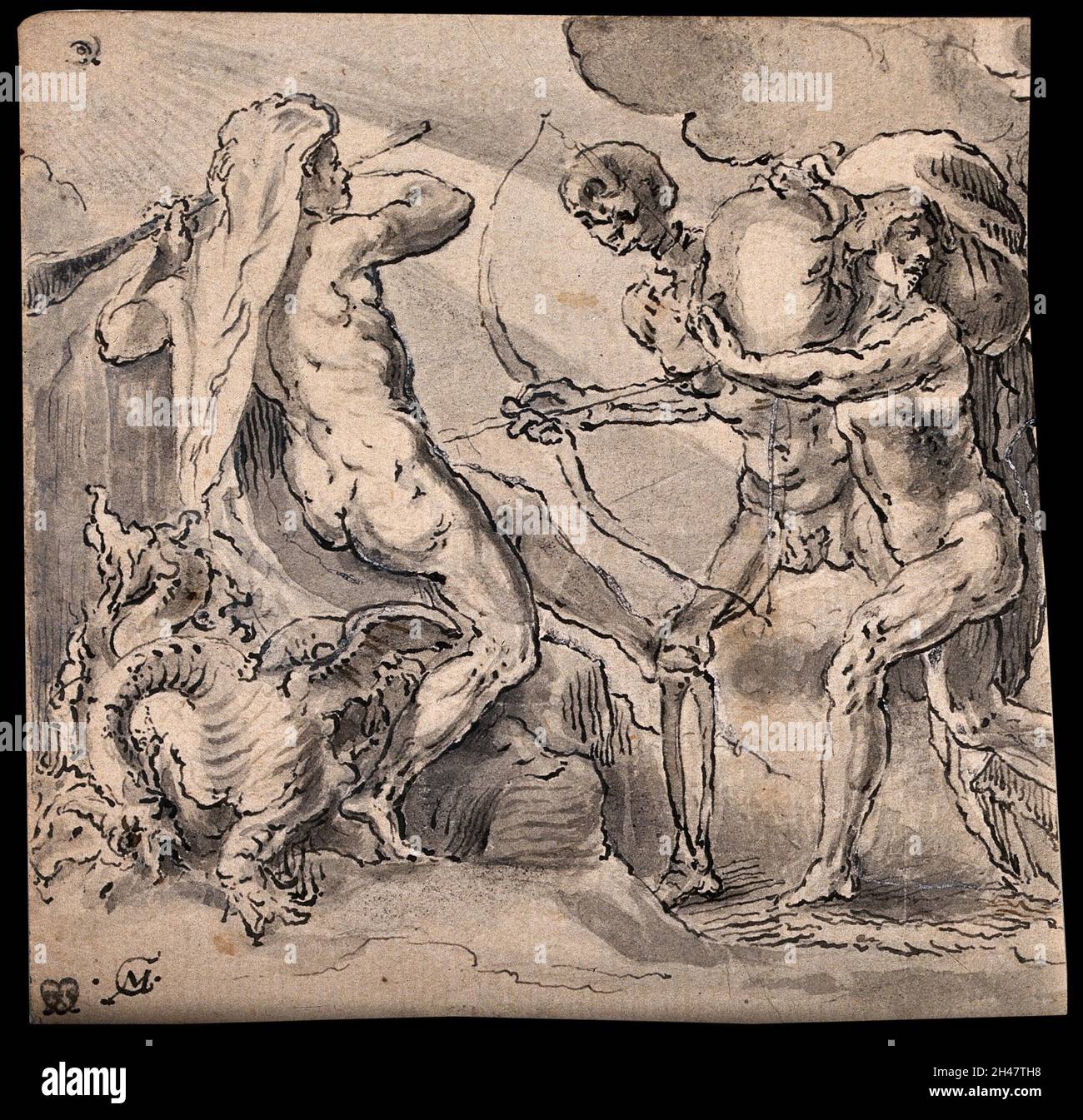 Hercules confronts Death. Pen and ink drawing Stock Photo - Alamy