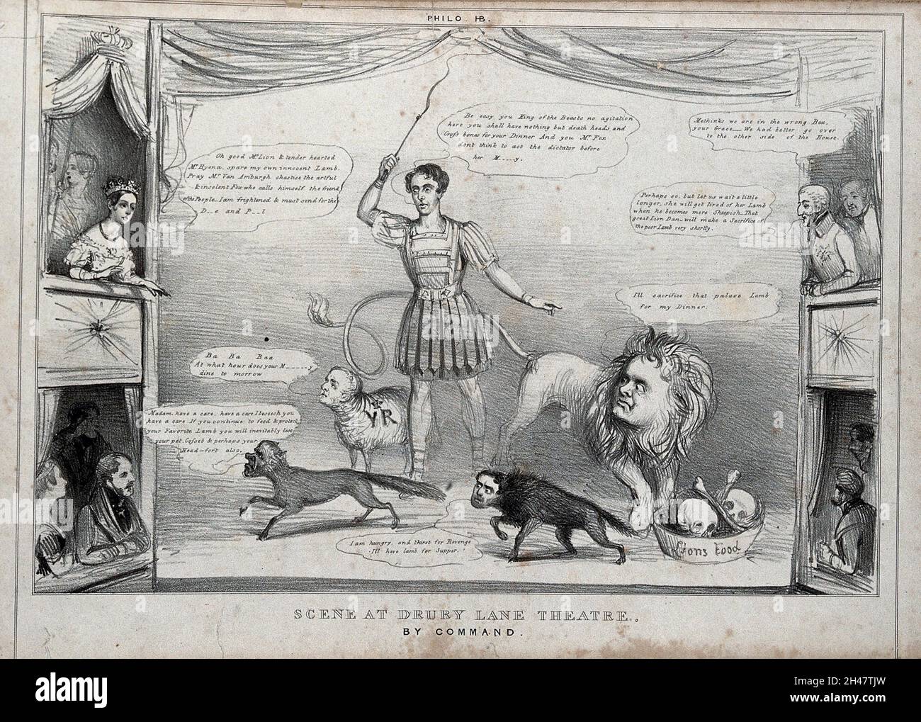 Queen Victoria in a theatre watching a performance: Van Amburgh holding ...