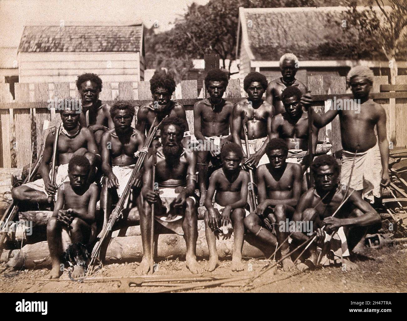 Polynesia: Polynesian men with hunting and labour tools: group portrait ...