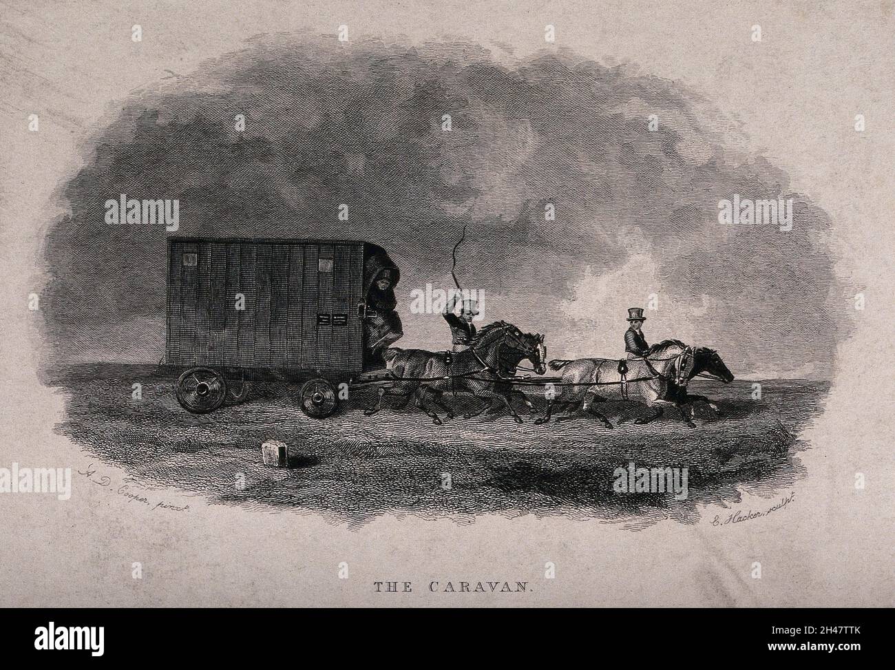 Two men are driving four horses past a milestone to pull a caravan ...