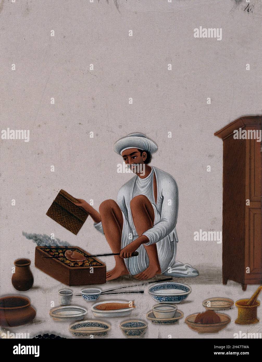 A man cooking meat on an Indian barbeque. Gouache painting on mica by ...