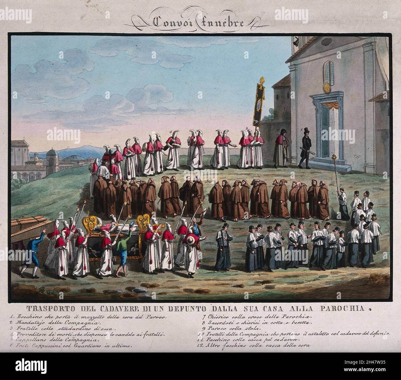 A funeral procession following a deceased bishop layed out on a bier ...