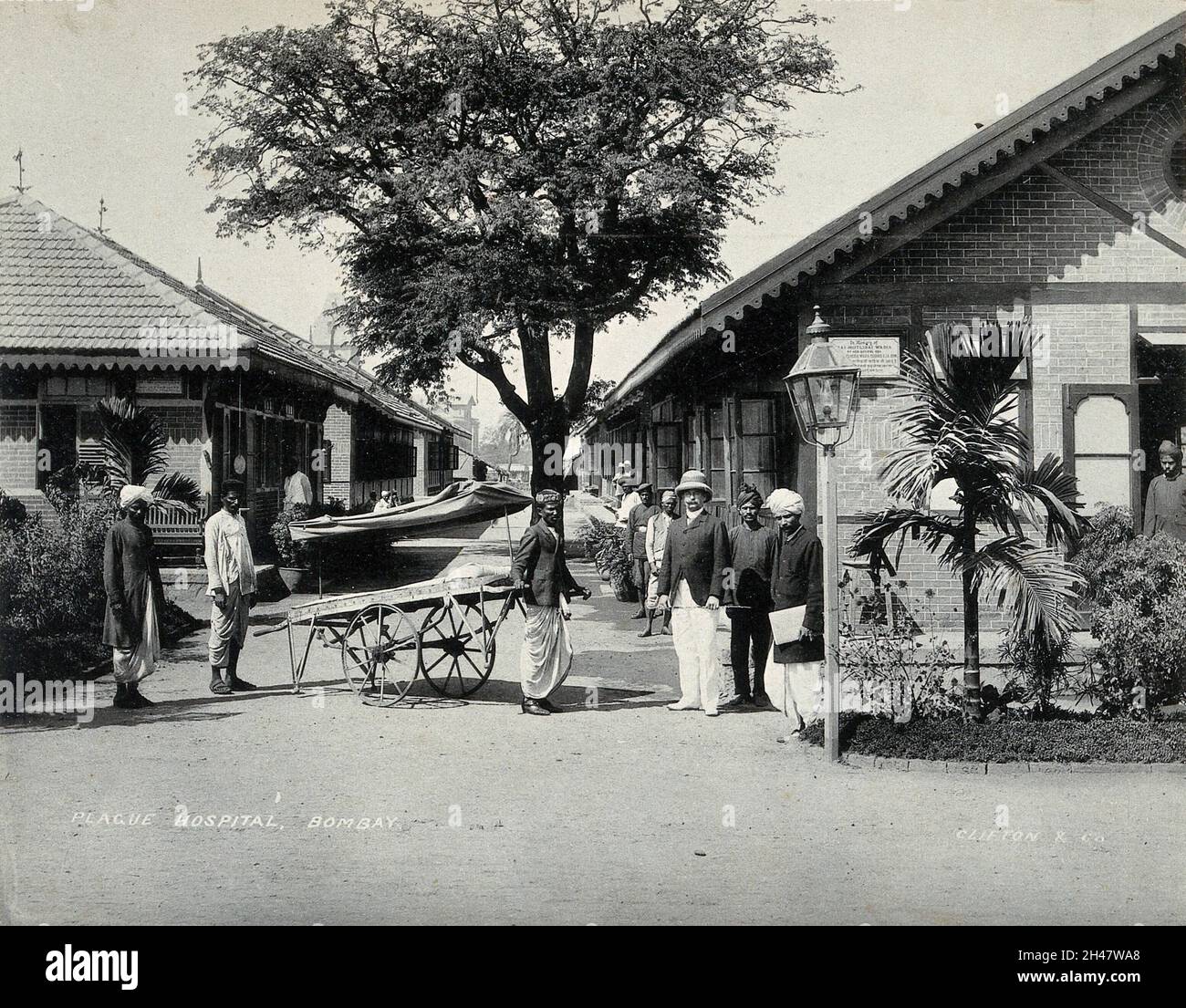 Bombay plague epidemic, 1896-1897: plague hospital, with stretcher ...
