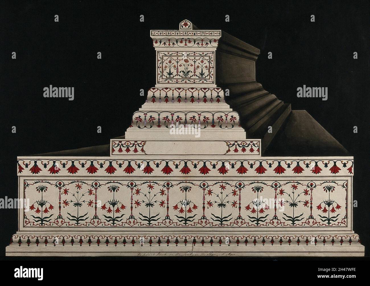 Agra: Taj Mahal, detail of the inlay work on the tomb. Gouache painting ...