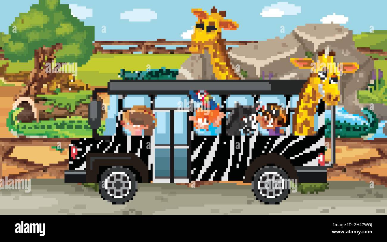 Zoo scene with children in the bus touring illustration Stock Vector ...