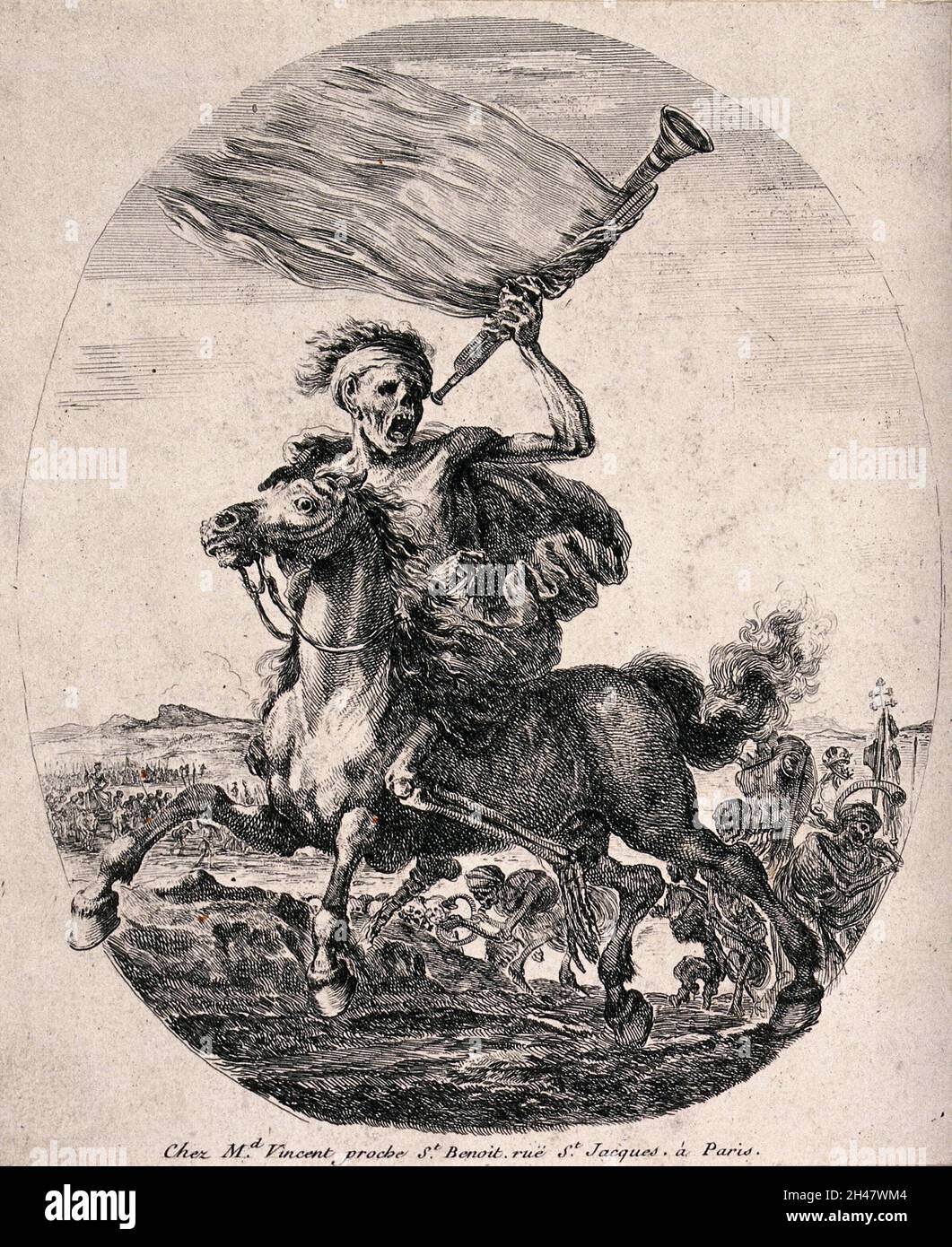 Death astride his horse is the hero of the battlefield. Etching Stock ...