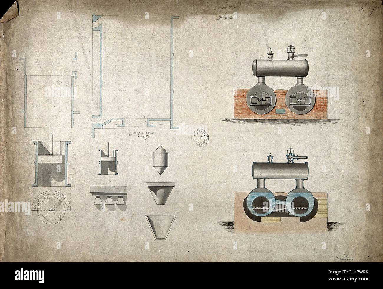 Engineering: a large double-chamber steam engine. Coloured drawing ...