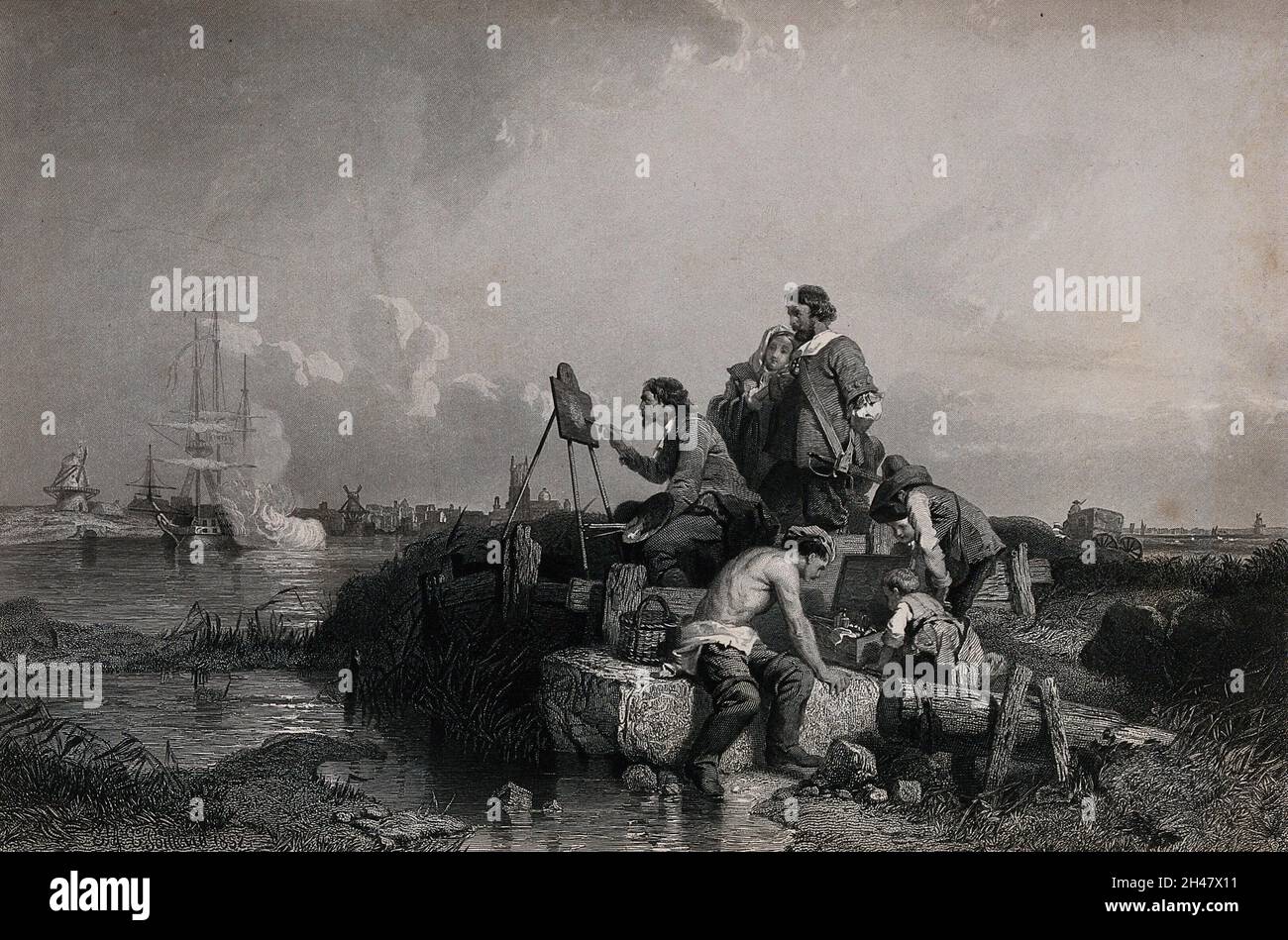 Willem van de Velde painting at his easel on the shore watched by a ...