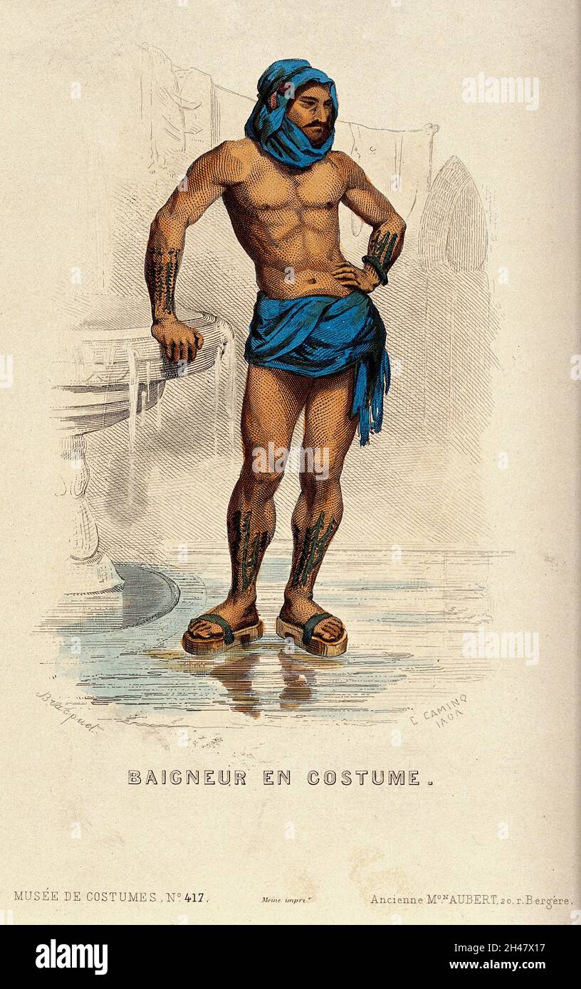 A man wearing a bathing costume. Coloured etching by Bracquet after C ...