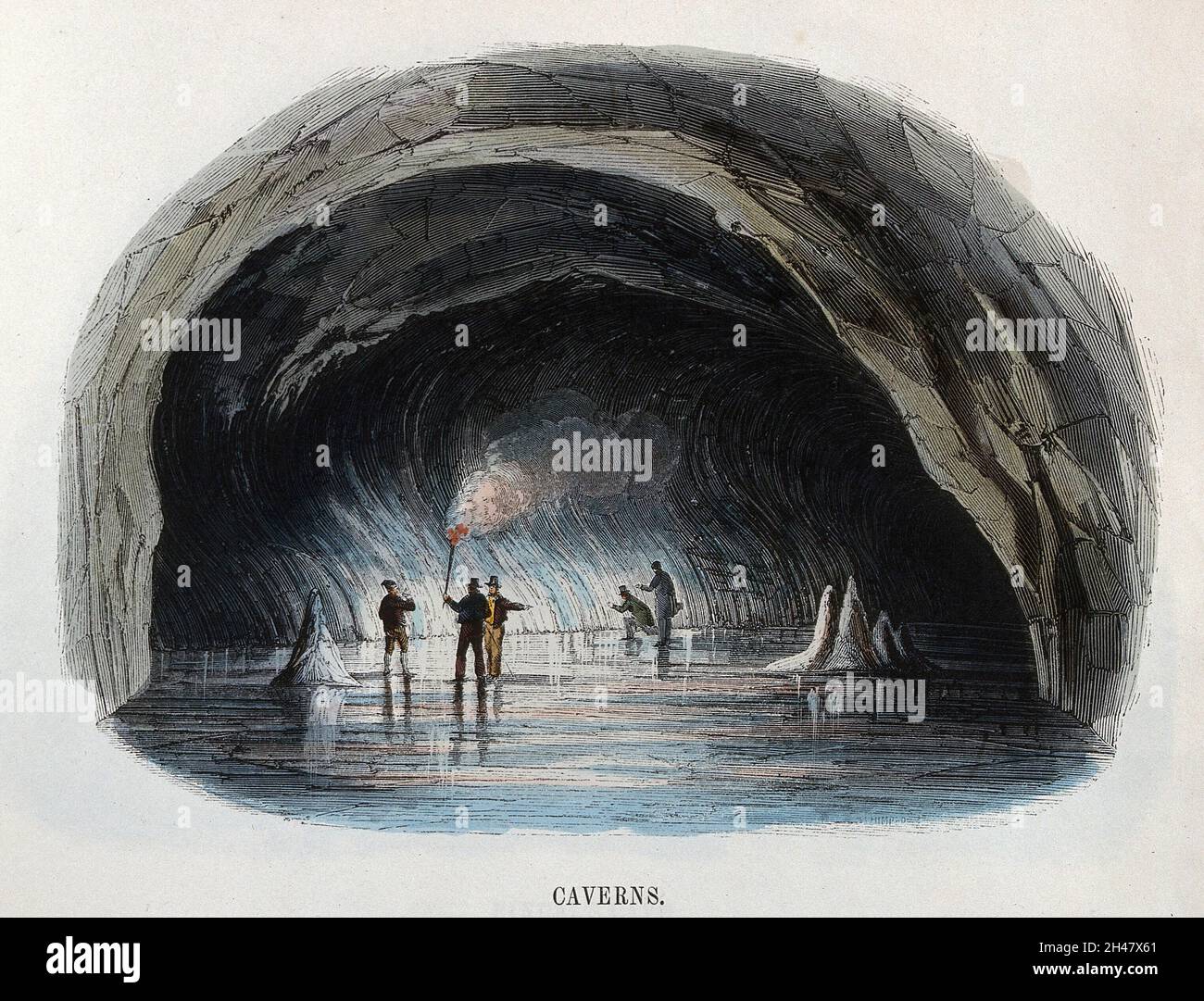 Geography: men in a large cave, with torches. Coloured wood engraving ...