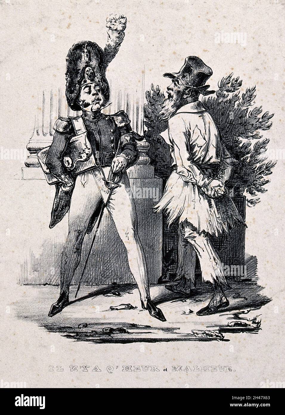 A man in soldier's uniform is walking past an old man in tattered ...