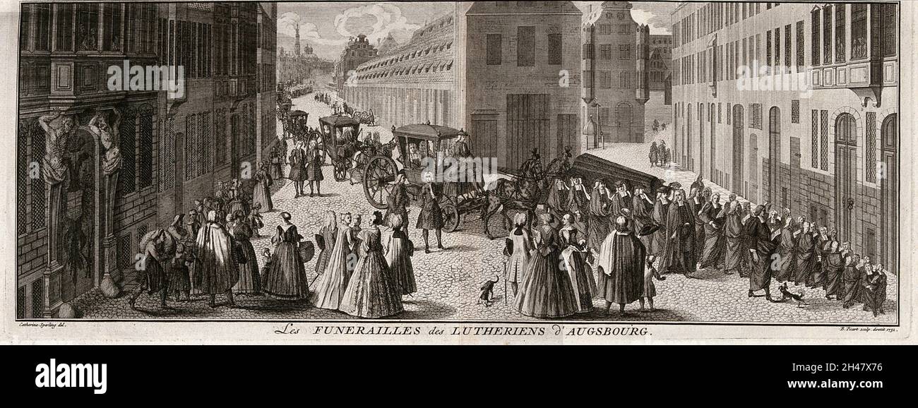 A Lutheran funeral in the city of Augsburg. Engraving by B. Picart ...