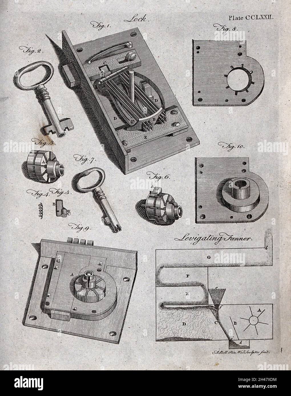 Technology: details of a lock mechanism. Engraving by A. Bell Stock ...