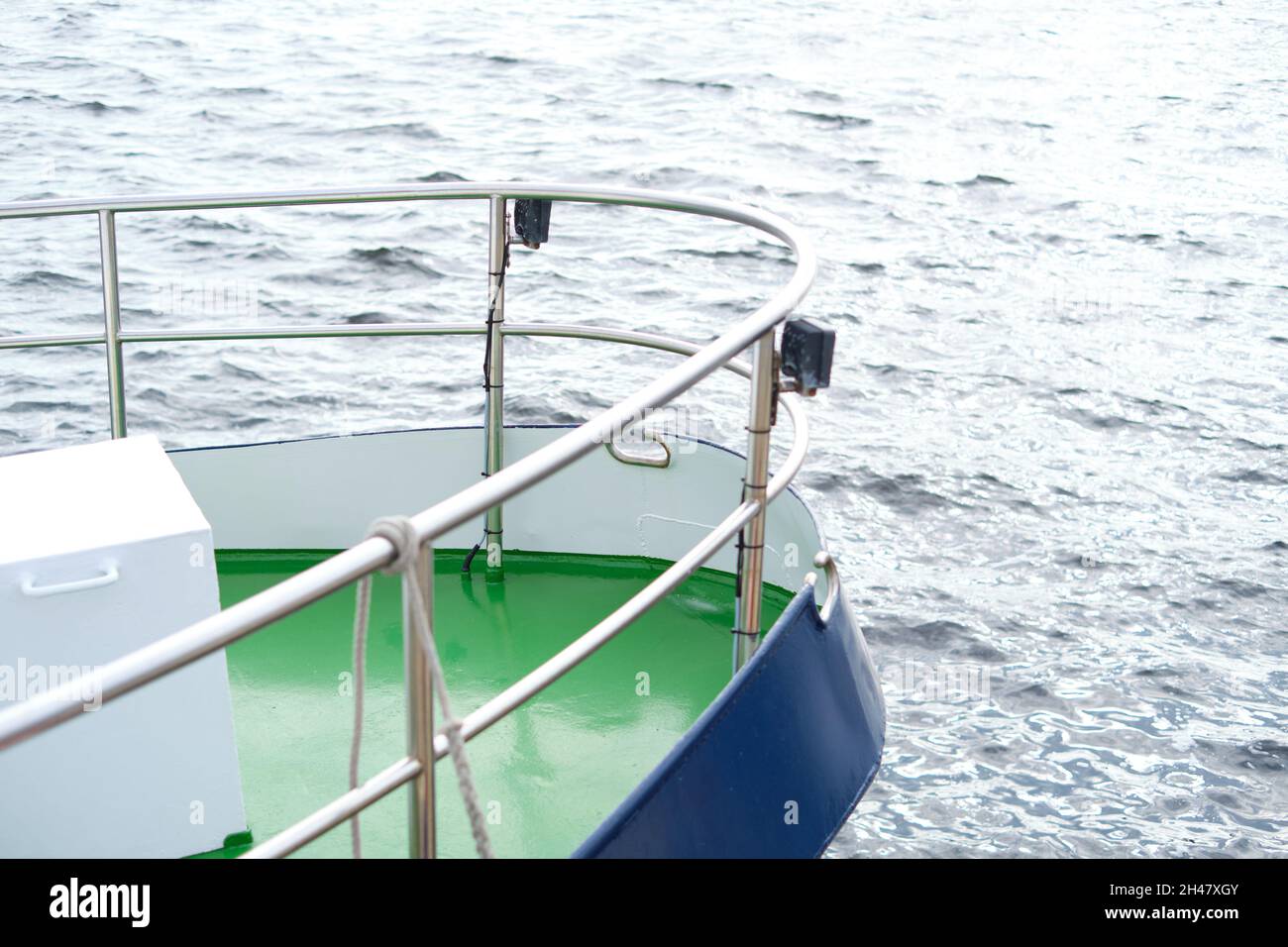 Bow and railing of a modern metal ship in Wadden Sea, Germany Stock ...