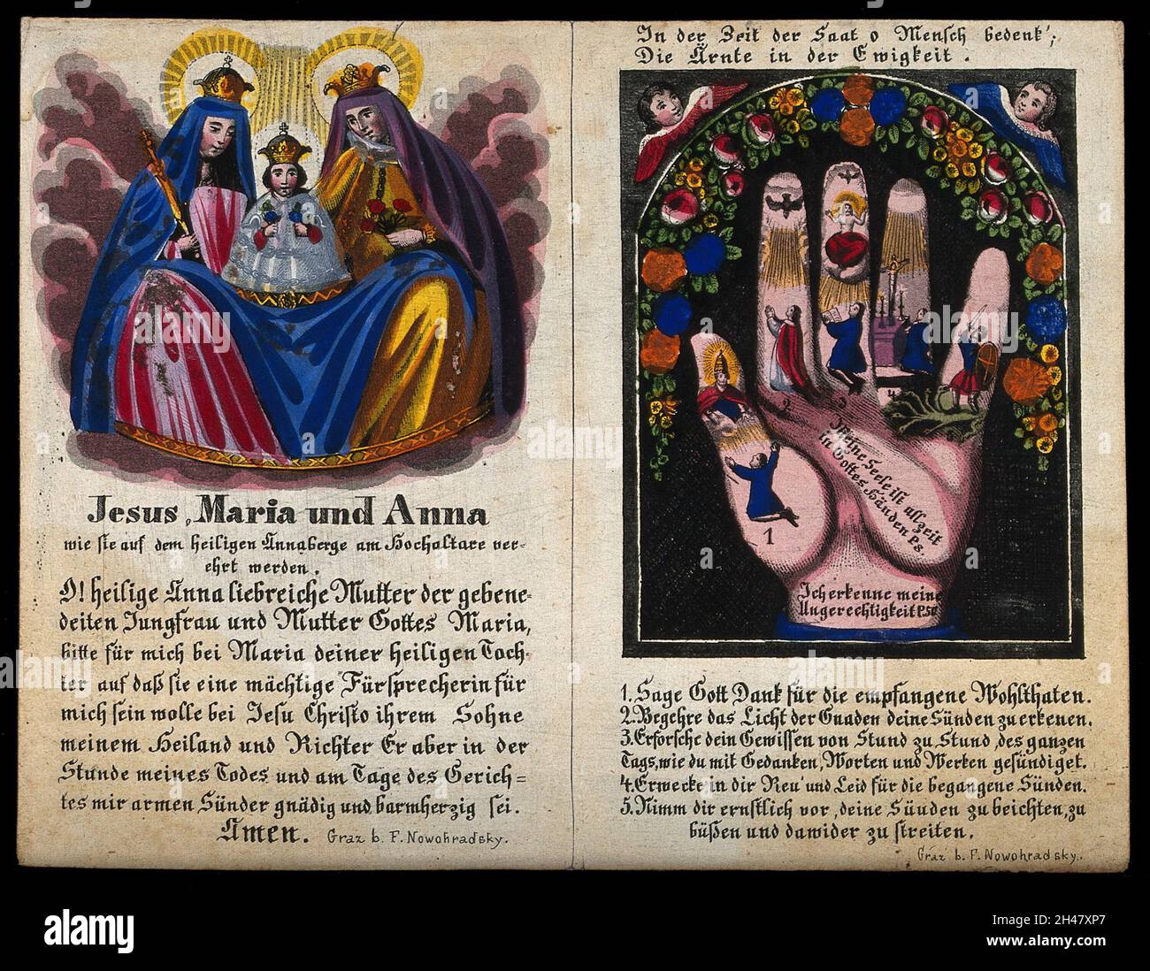 A hand with images of saints in the digits, as a mnemonic for good ...