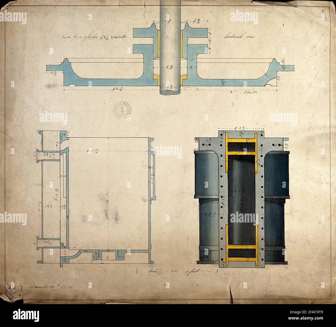 Engineering: a valve guide or casing [?], sectional views. Coloured ...