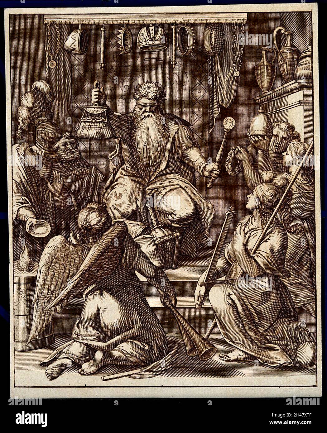 A seated blindfolded king holding up a purse filled with coins and a ...