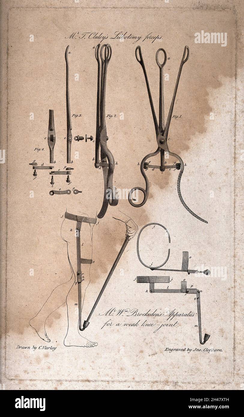 Surgical instruments, including lithotomy forceps and Mr. Brockedon's ...