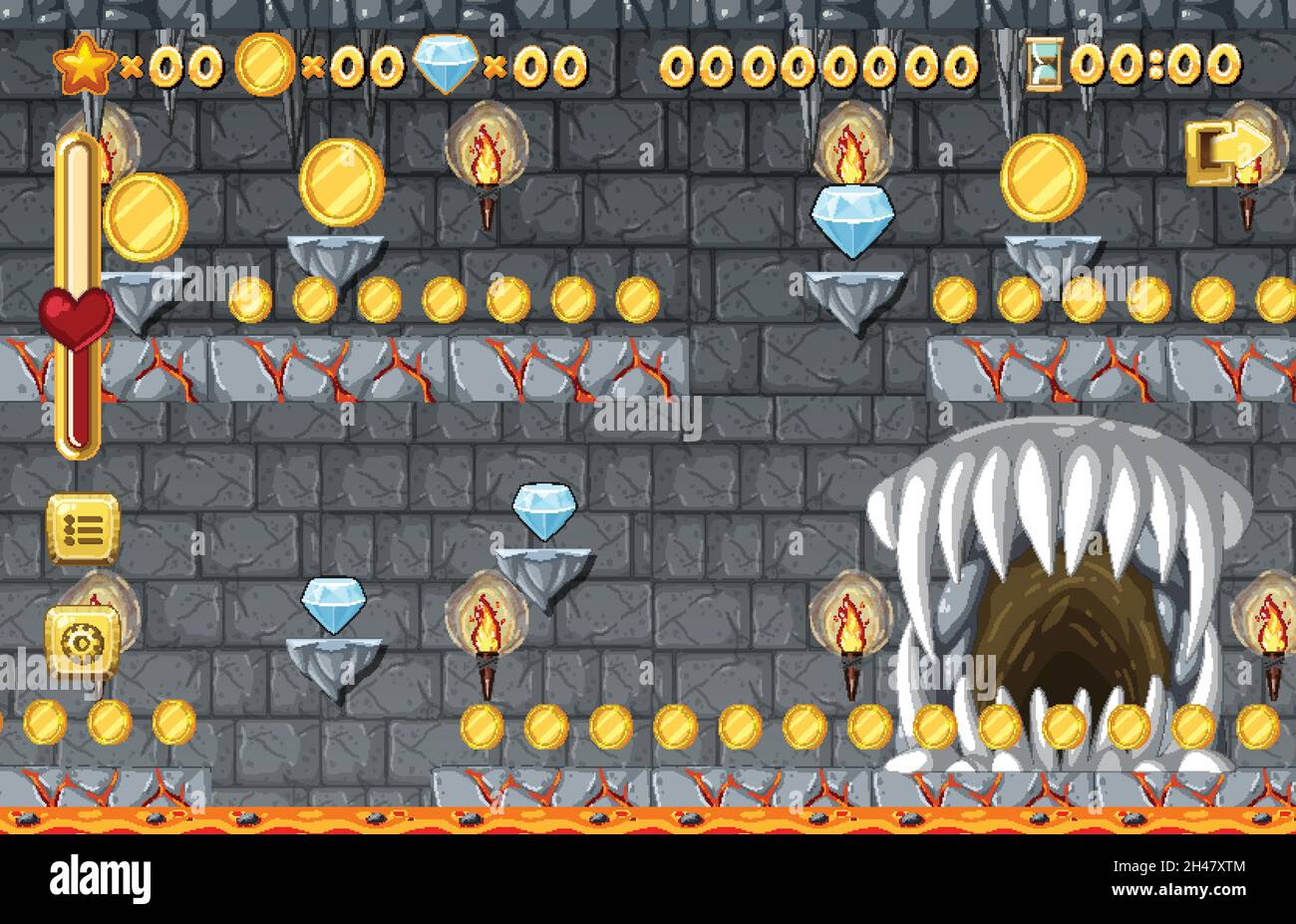 Platformer game template with underground lava theme illustration Stock ...