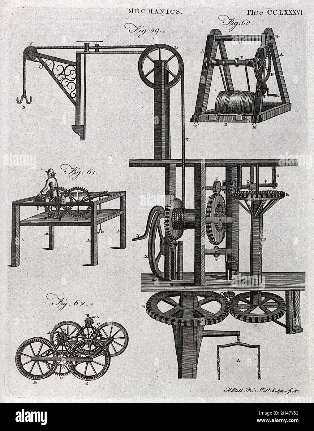 Mechanics: forces and dynamics, pulleys. Engraving by A. Bell Stock ...