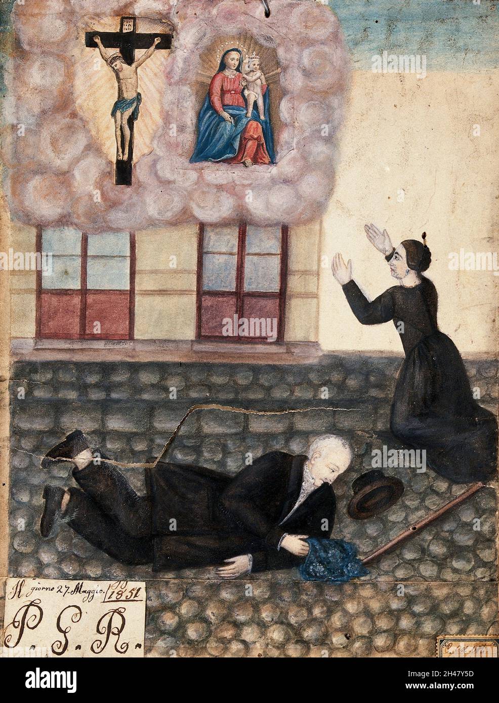 A man falling over on a cobbled street in Rome, his wife praying to ...