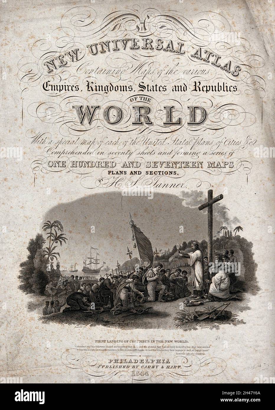 Christopher Columbus and his crew, arriving in America, kneel before ...