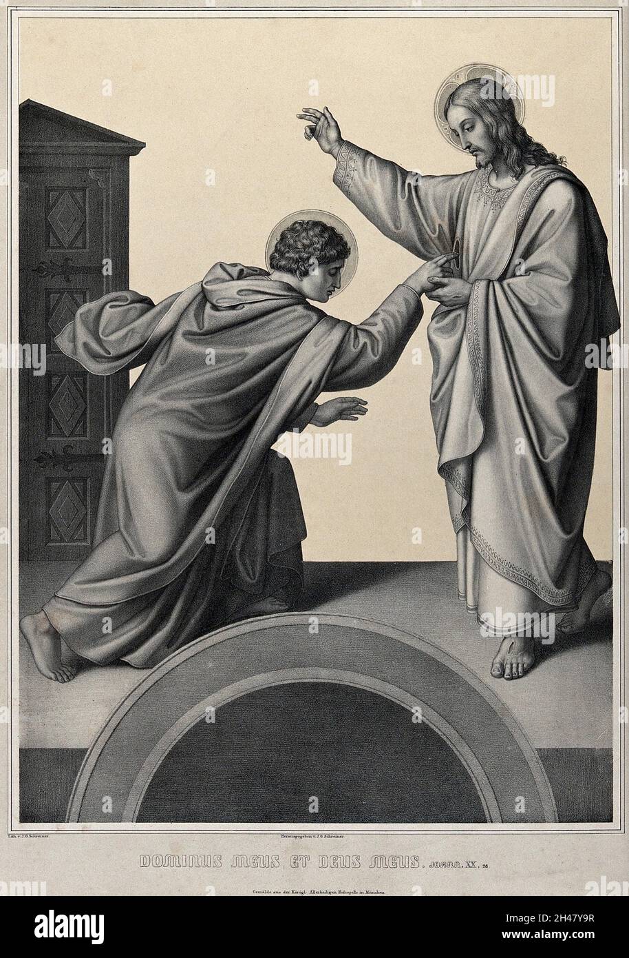 Saint Thomas puts his finger into Christ's wounded side. Lithograph by ...