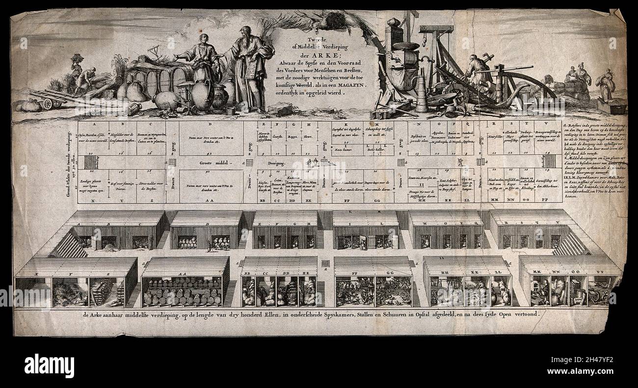 An elaborate cross-section of Noah's ark, detailing the storing of ...