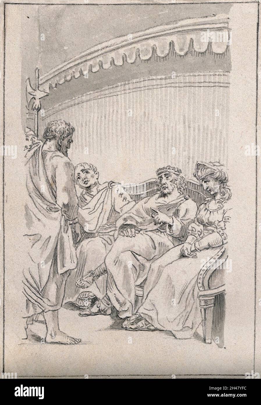 One soldier talks to three seated Roman figures. Drawing, c. 1793 Stock ...