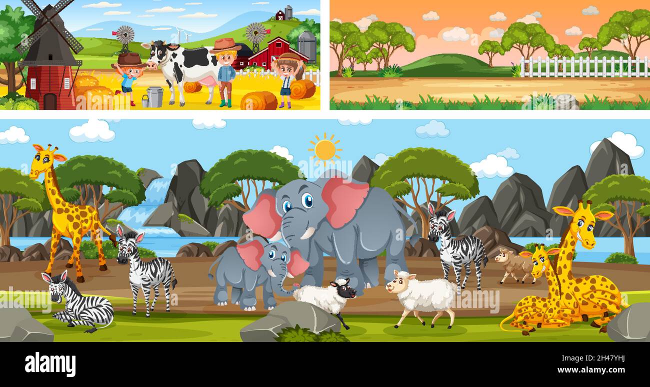 Different scene set with outdoor panoramic landscape in cartoon style ...