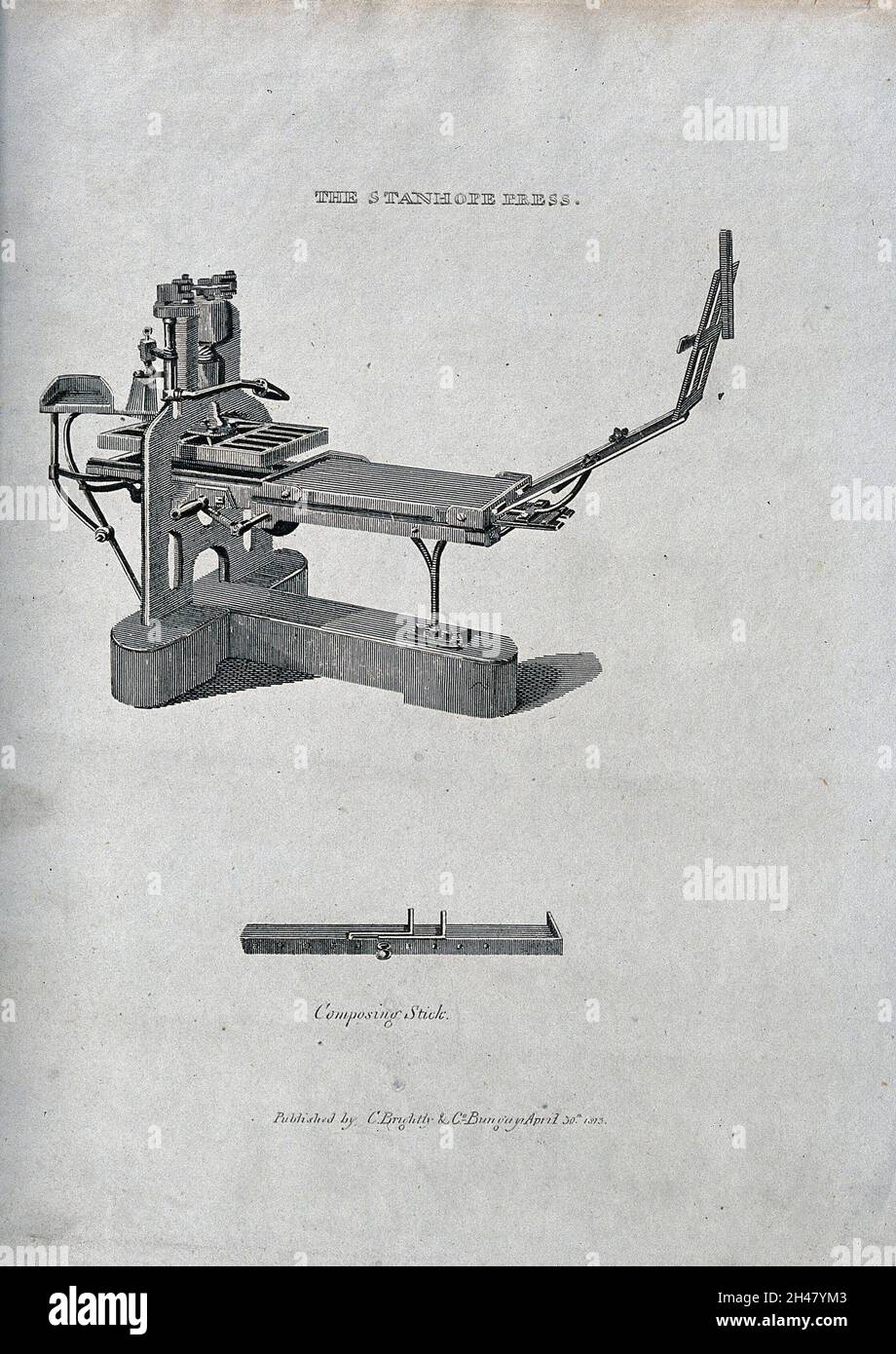 Printing: a three-quarter view of a press, with a composing stick ...