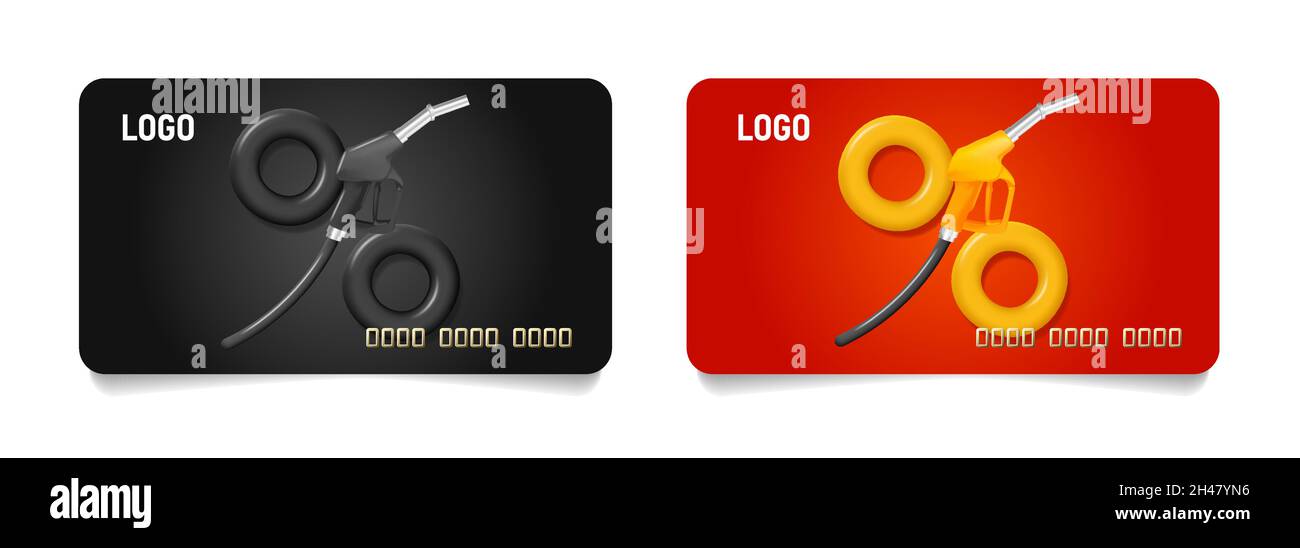 Set of discount or credit cards with 3d illustration of gas gun and ...