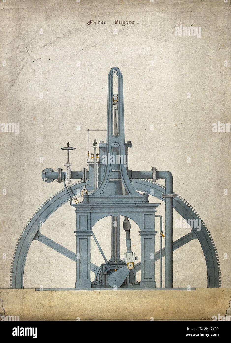 Engineering: a large double-chamber steam engine, with a flywheel ...