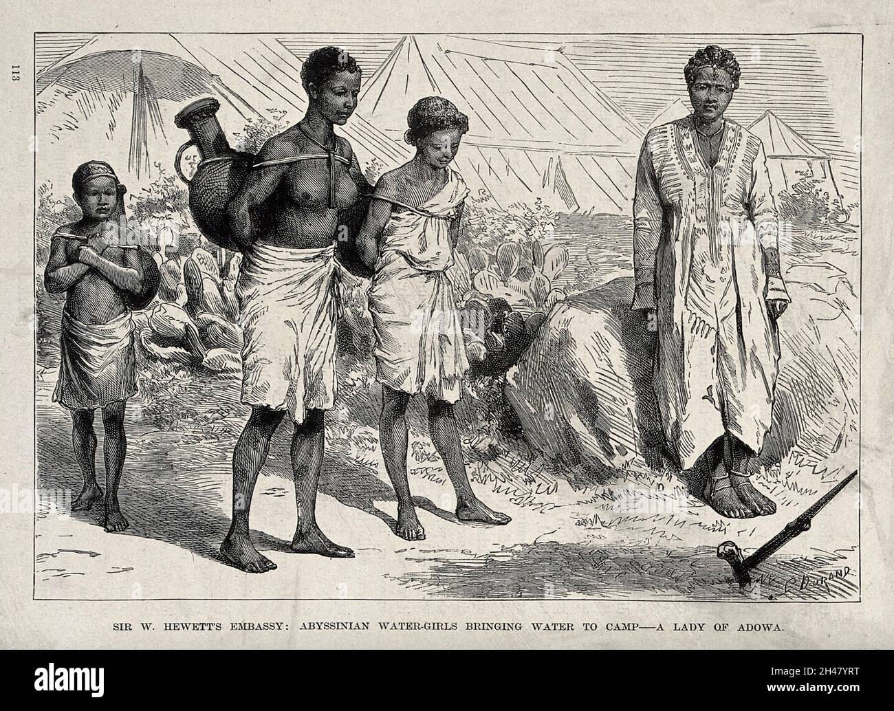 Abyssinian girls carrying water to a camp. Wood engraving by P.F ...