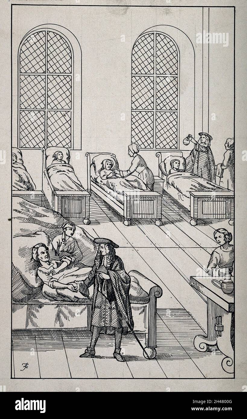 A physician checks the pulse of a patient in a hospital. Pen drawing by ...