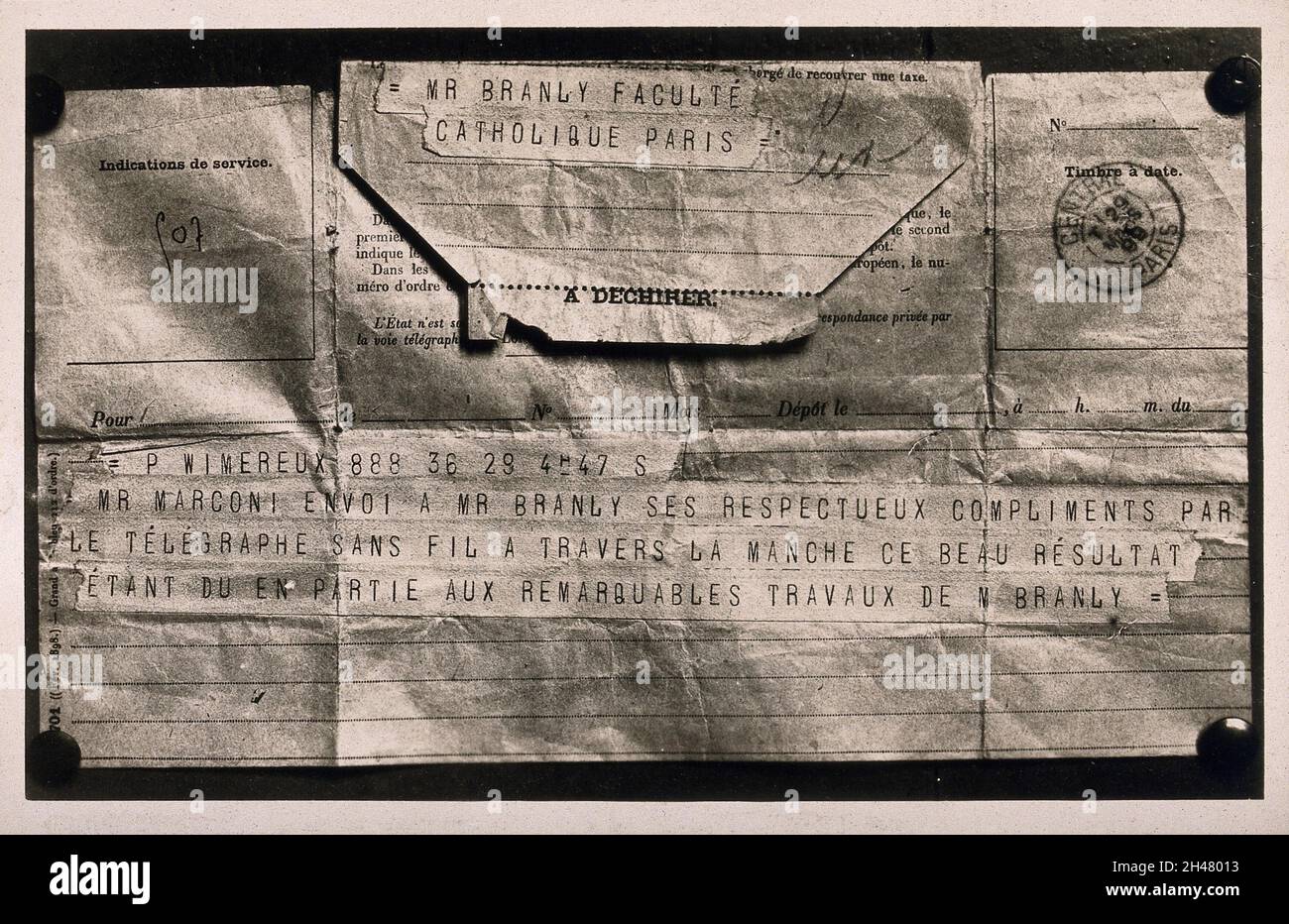 Telegram sent by G. Marconi in Wimereux to Édouard Branly in Paris ...