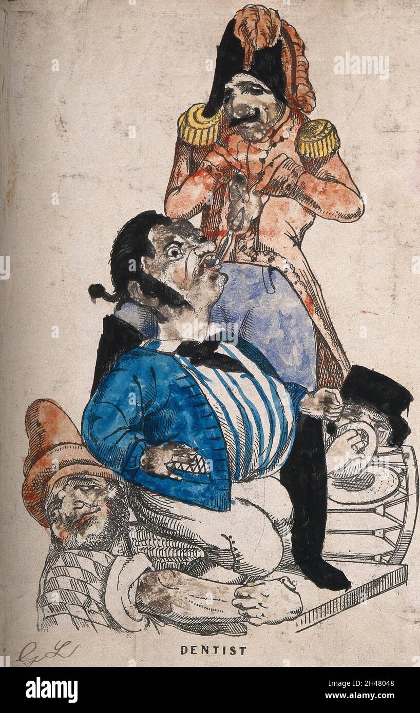 A tooth-drawer dressed in military uniform extracting a tooth from a ...