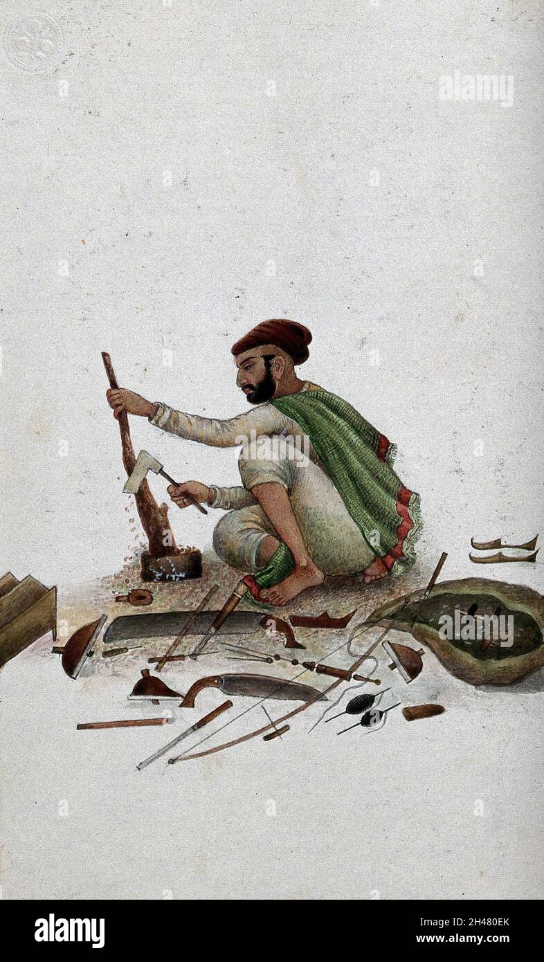 Delhi: a carpenter chipping at wood. Watercolour by an Indian painter ...