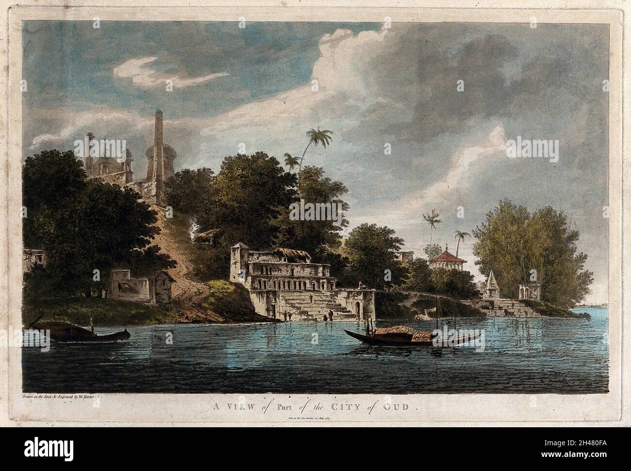 Ayodhya seen from the river Ghaghara, Uttar Pradesh. Coloured etching ...