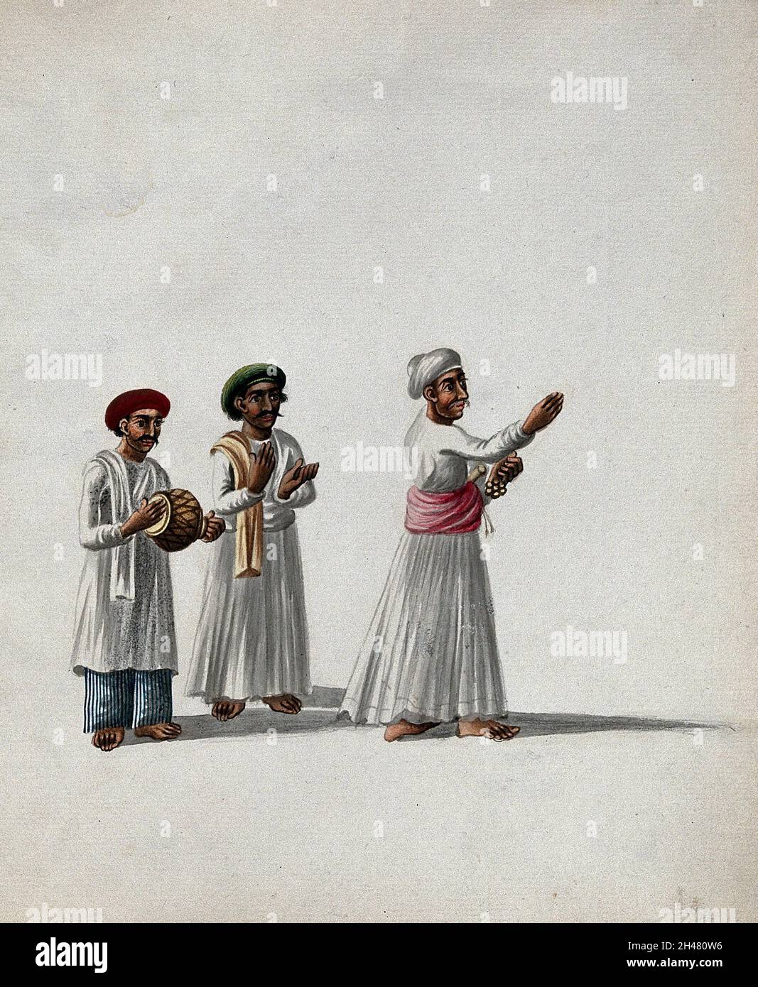 Three musicians performing. Gouache painting by an Indian artist Stock ...
