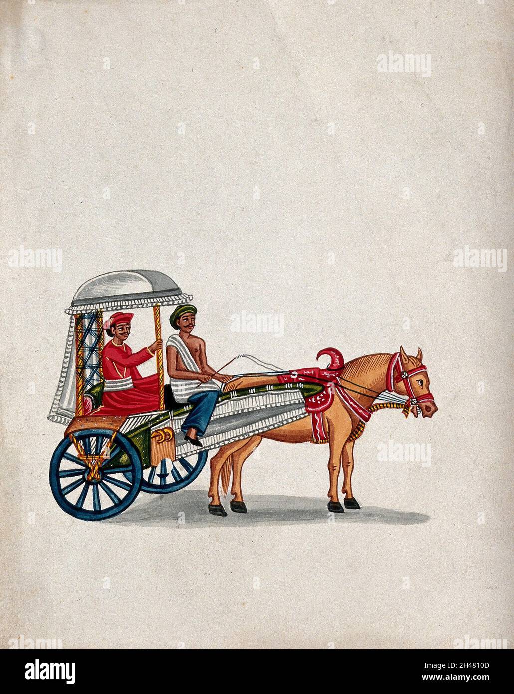 A man sitting in a small carriage pulled by a horse. Watercolour by an ...