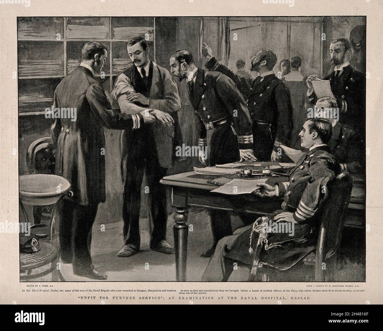 A board of medical officers of the Navy examining a naval man's injured ...