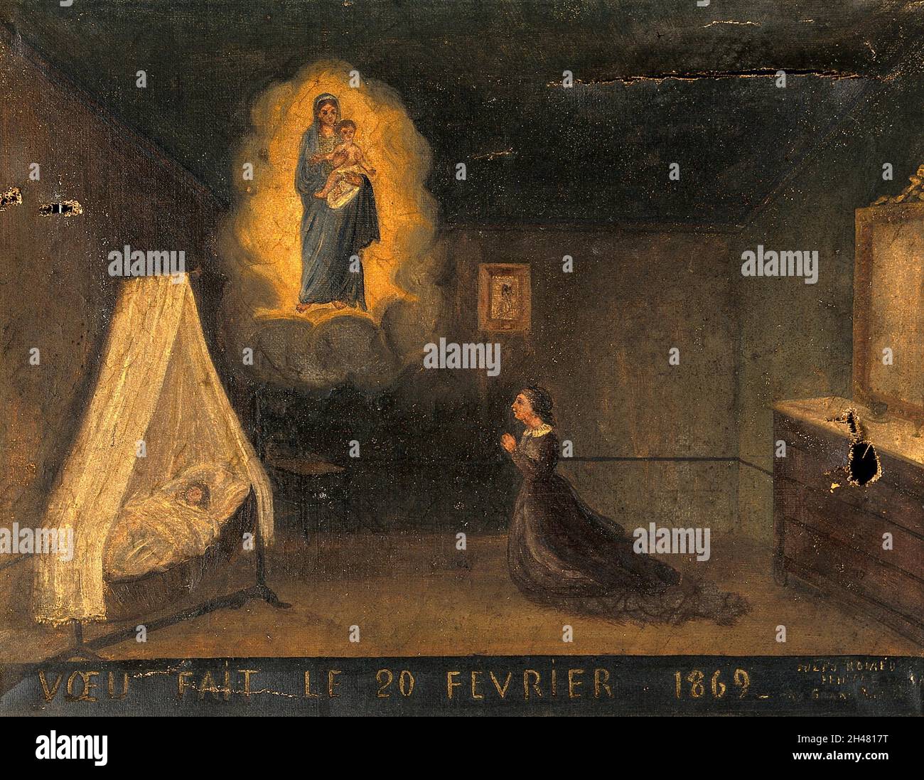 Cure of a child by prayer to the Virgin and Child, February 1869. Oil ...