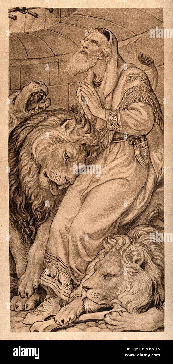 Daniel praying in the lion's den. Lithograph Stock Photo - Alamy