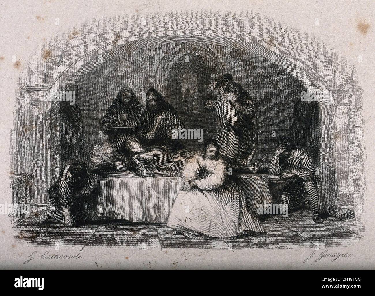 A young knight in full armour receiving extreme unction from a priest ...