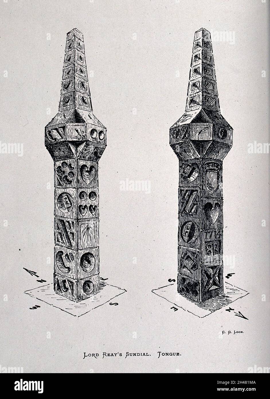 Clocks: a large carved stone gnomon, dated 1714, on Lord Reay's estate ...