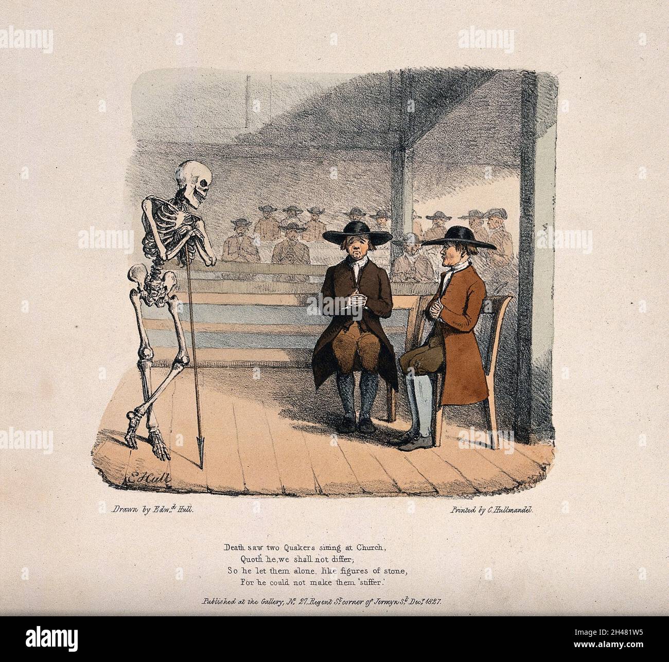 The dance of death: Death sees two quakers. Colour lithograph by Edward ...